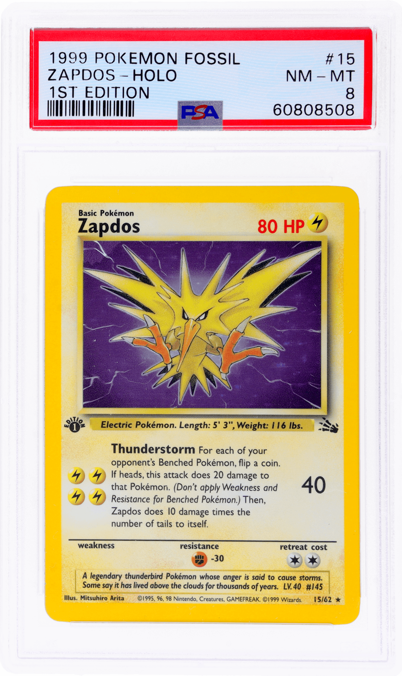 1999 #15 FOSSIL 1ST EDITION HOLO ZAPDOS PSA 8 POKE... - Matrica